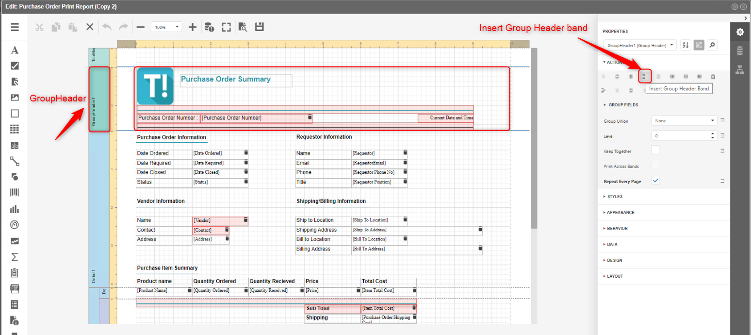 Track-It! 20.xx: Printing a purchase order and adding a header to every ...