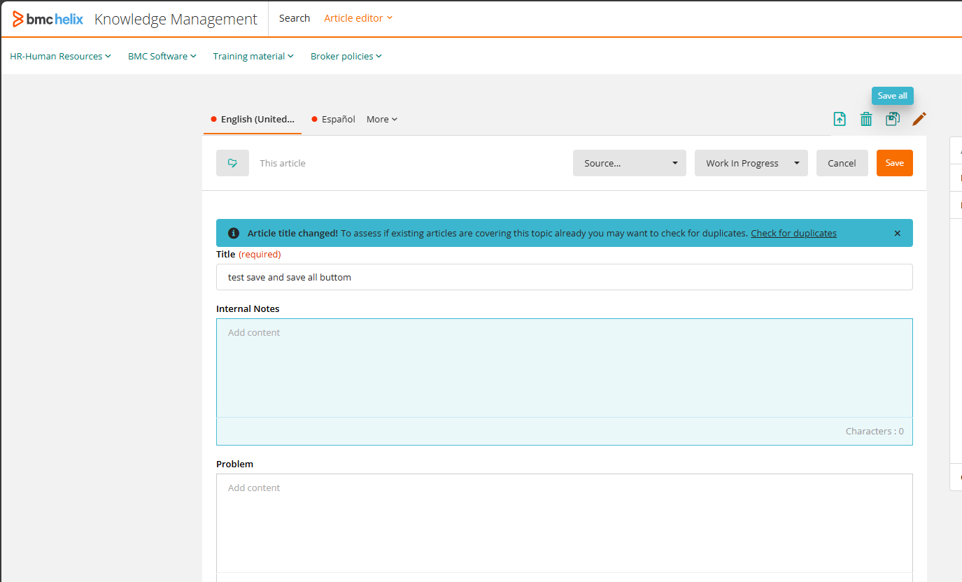 BMC Helix Knowledge Management by ComAround: Save Options in Knowledge ...